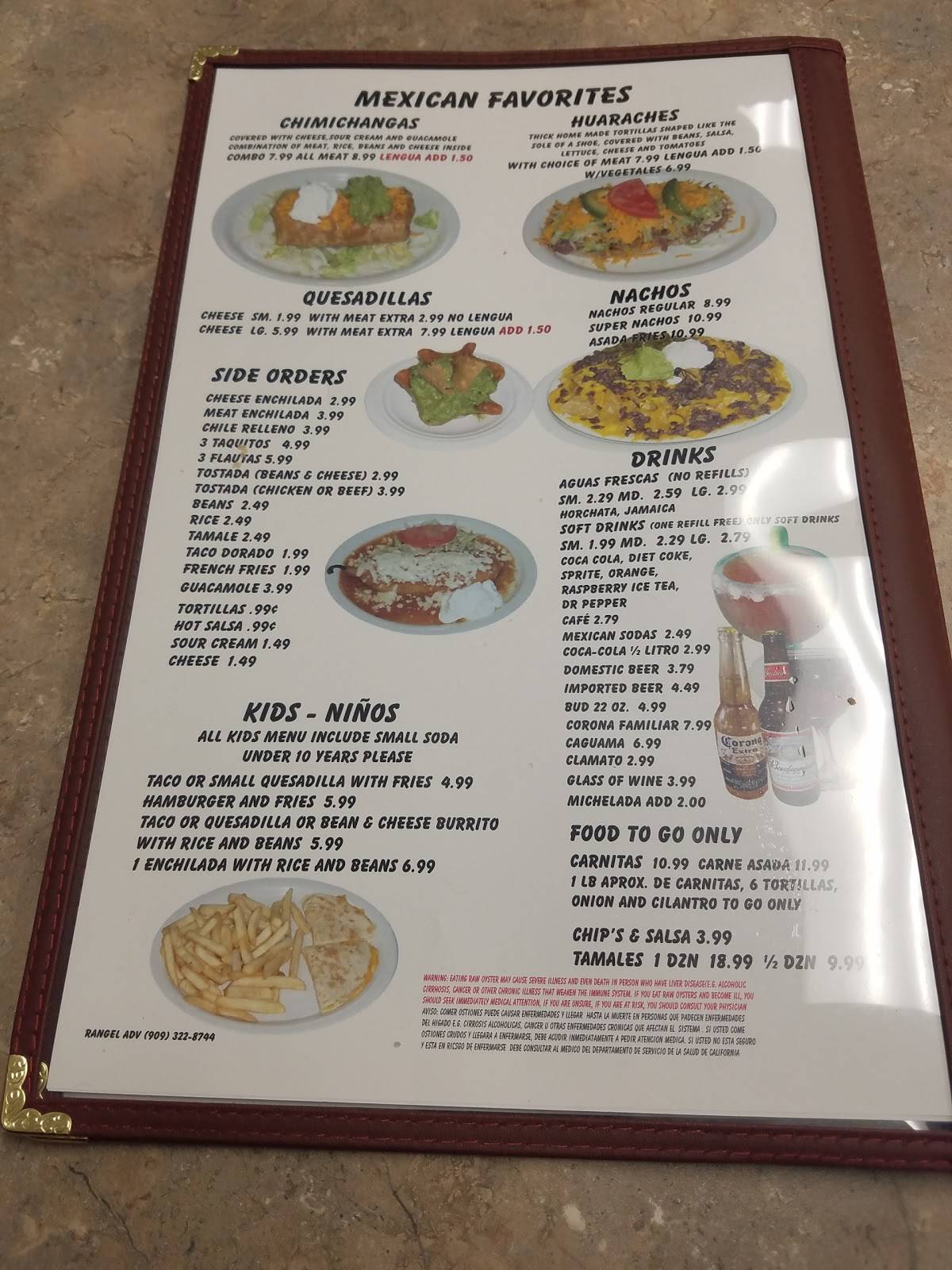 Menu at Casa Mota restaurant, Riverside