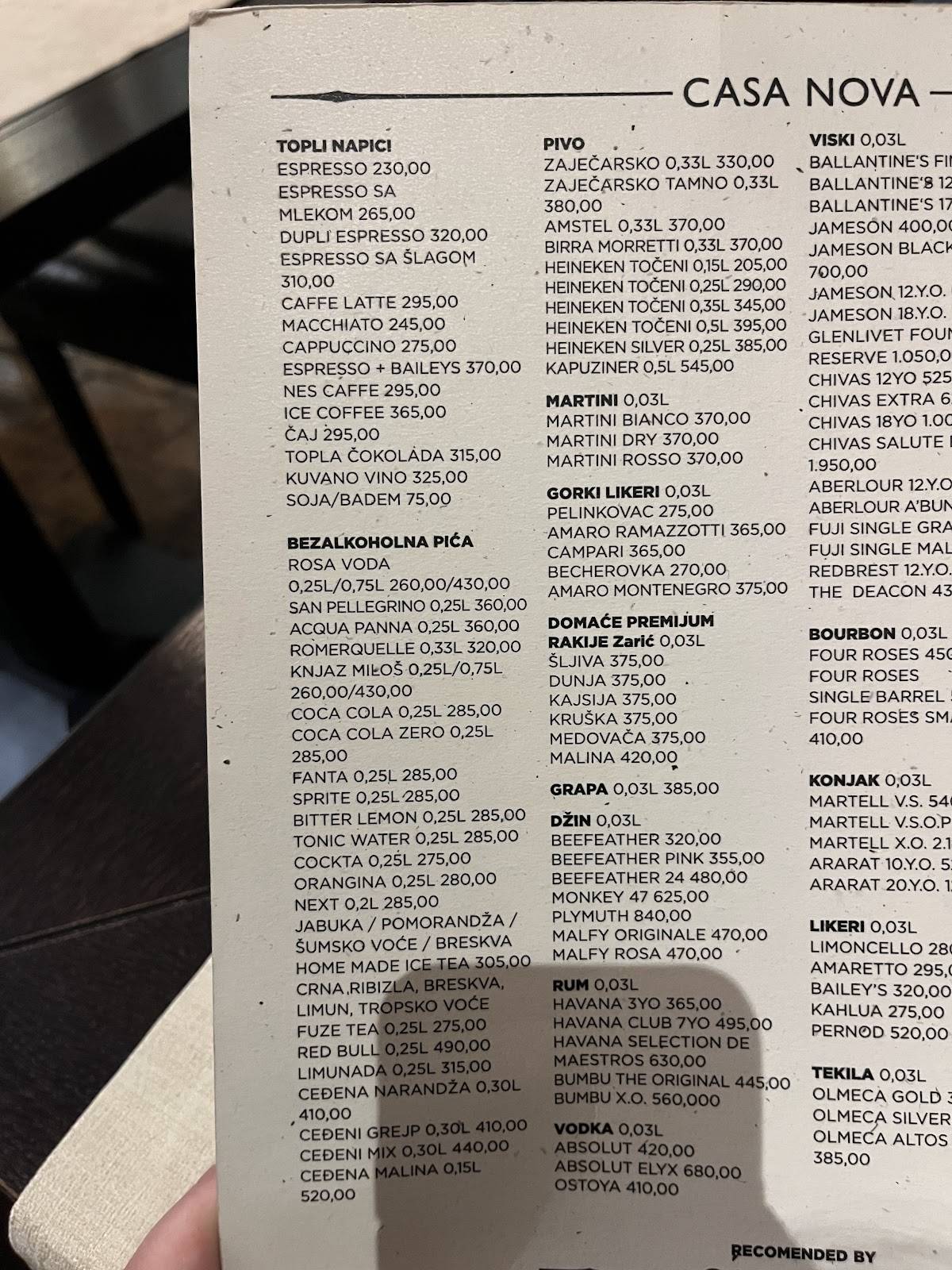 Menu at Casa Nova restaurant, Belgrade