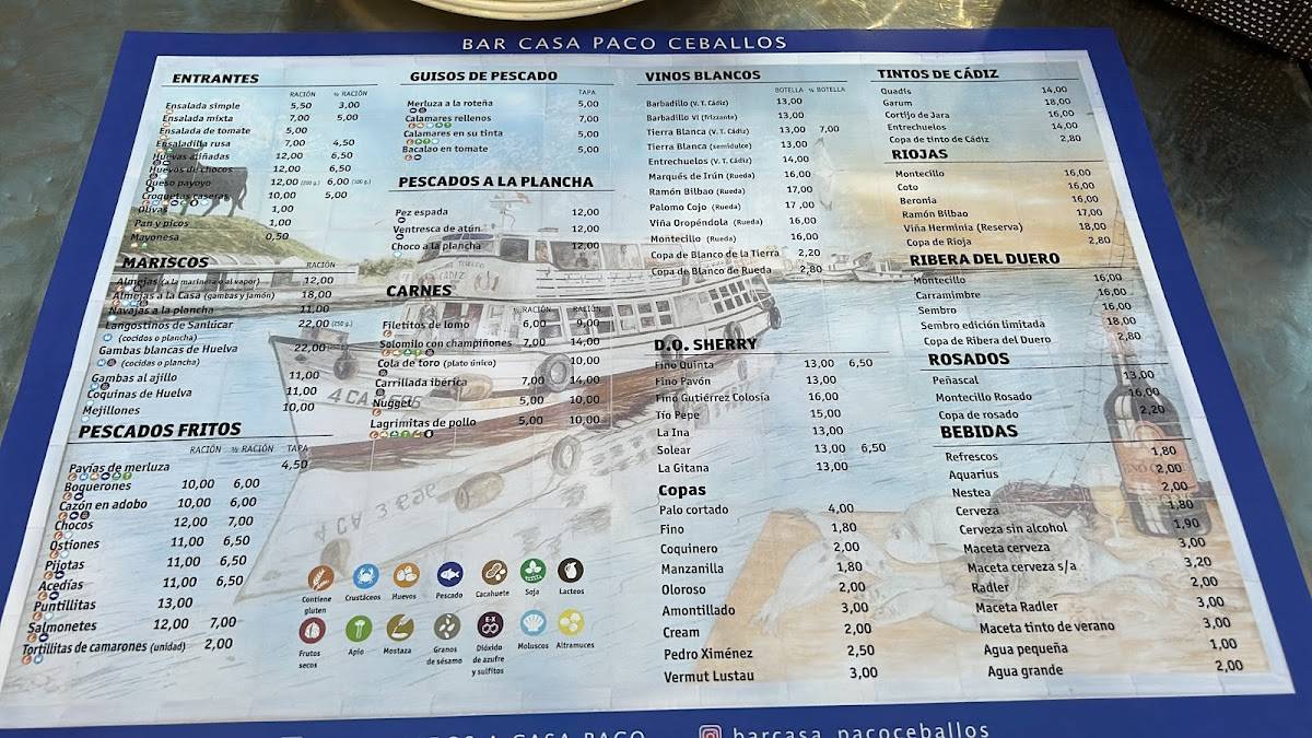 Carta de Bar Casa Paco Ceballos, El Puerto de Santa María