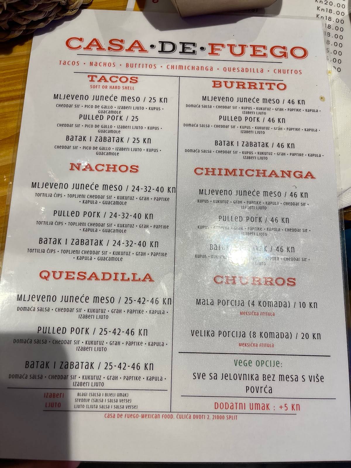 Menu da Casa de Fuego - Mexican food ristorante, Spalato