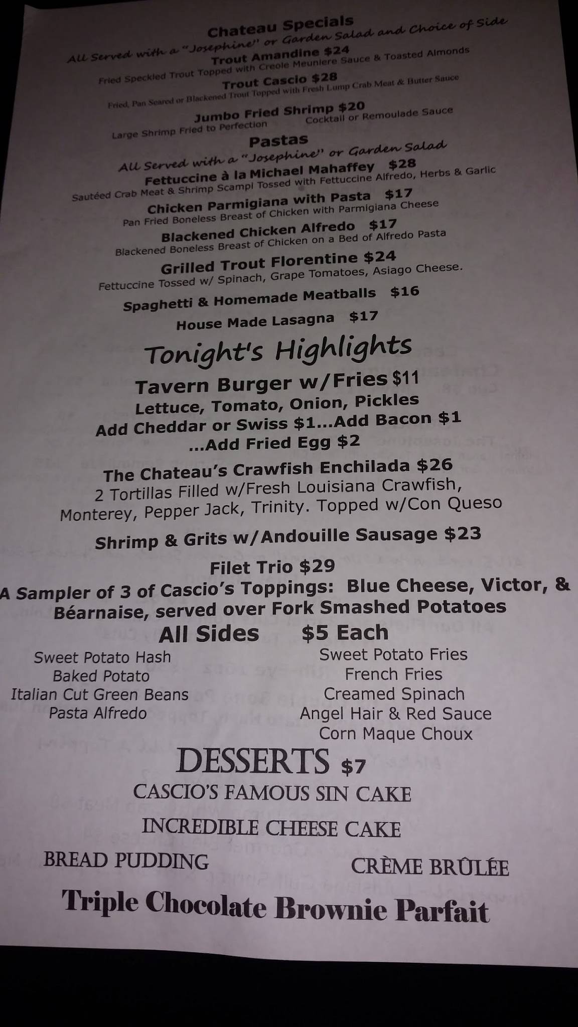 Menu at Cascio's Chateau restaurant, Monroe