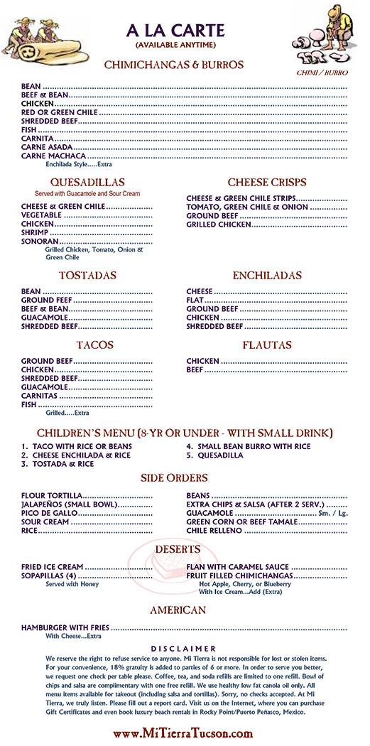 Menu at Mi Tierra Restaurant, Catalina