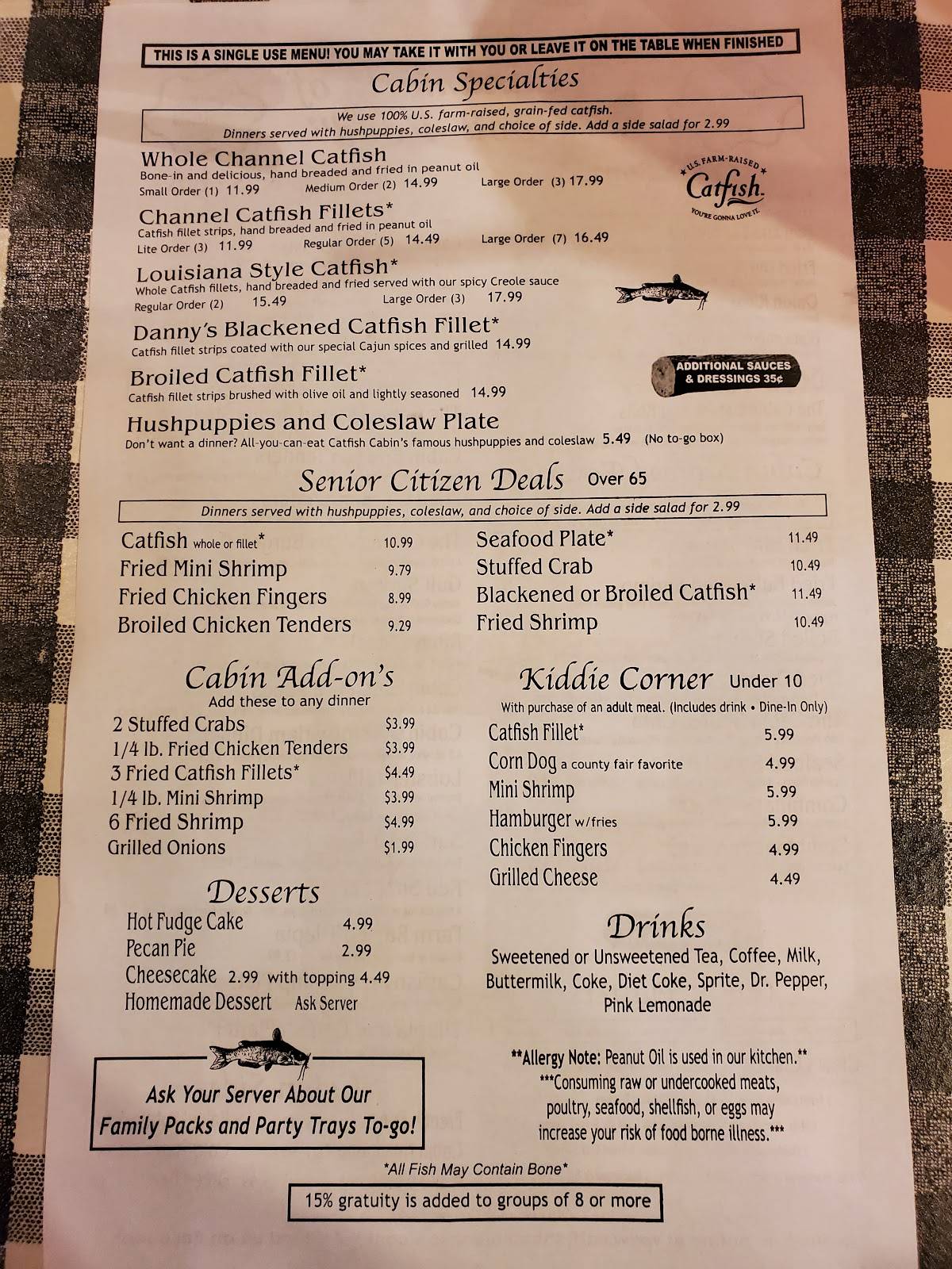 Menu at Catfish Cabin restaurant, Jackson, S Highland Ave