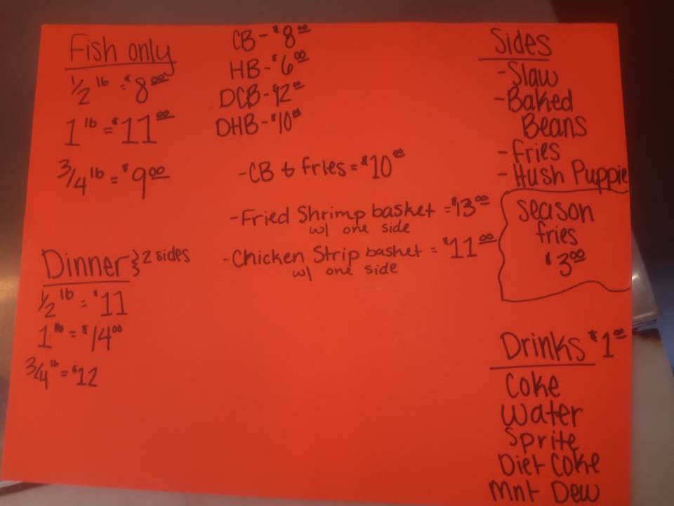 Menu at Catfish Shack restaurant, DeWitt