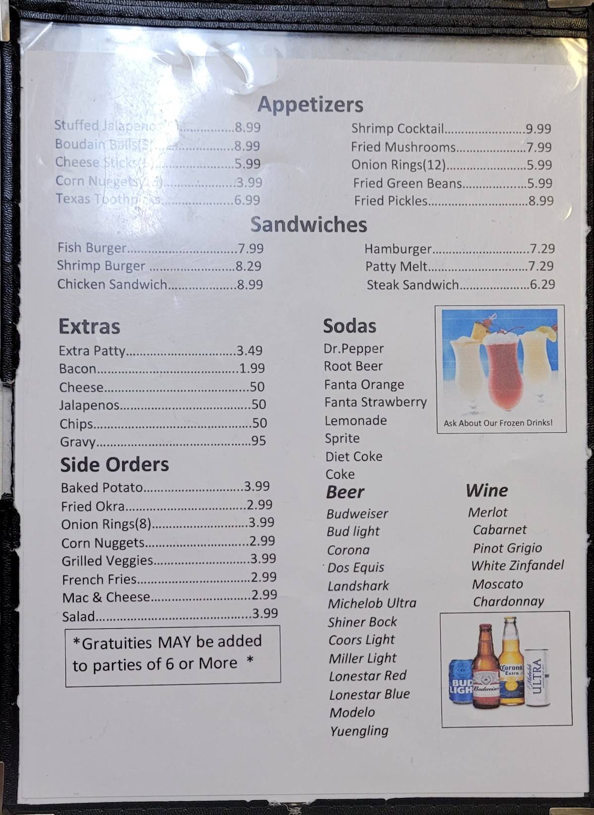 Menu at Cathy's restaurant, Port O'Connor
