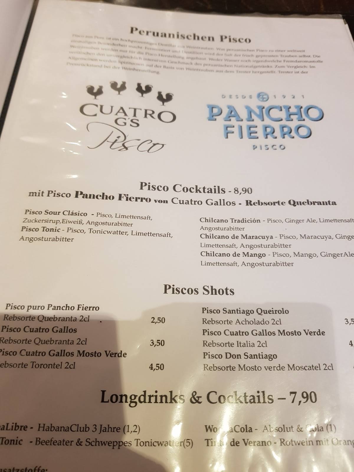 Menu at Causas Peru restaurant, Cologne