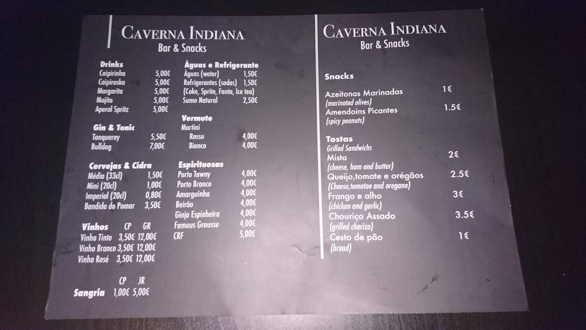 Menu at Caverna Indiana pub & bar, Lisbon