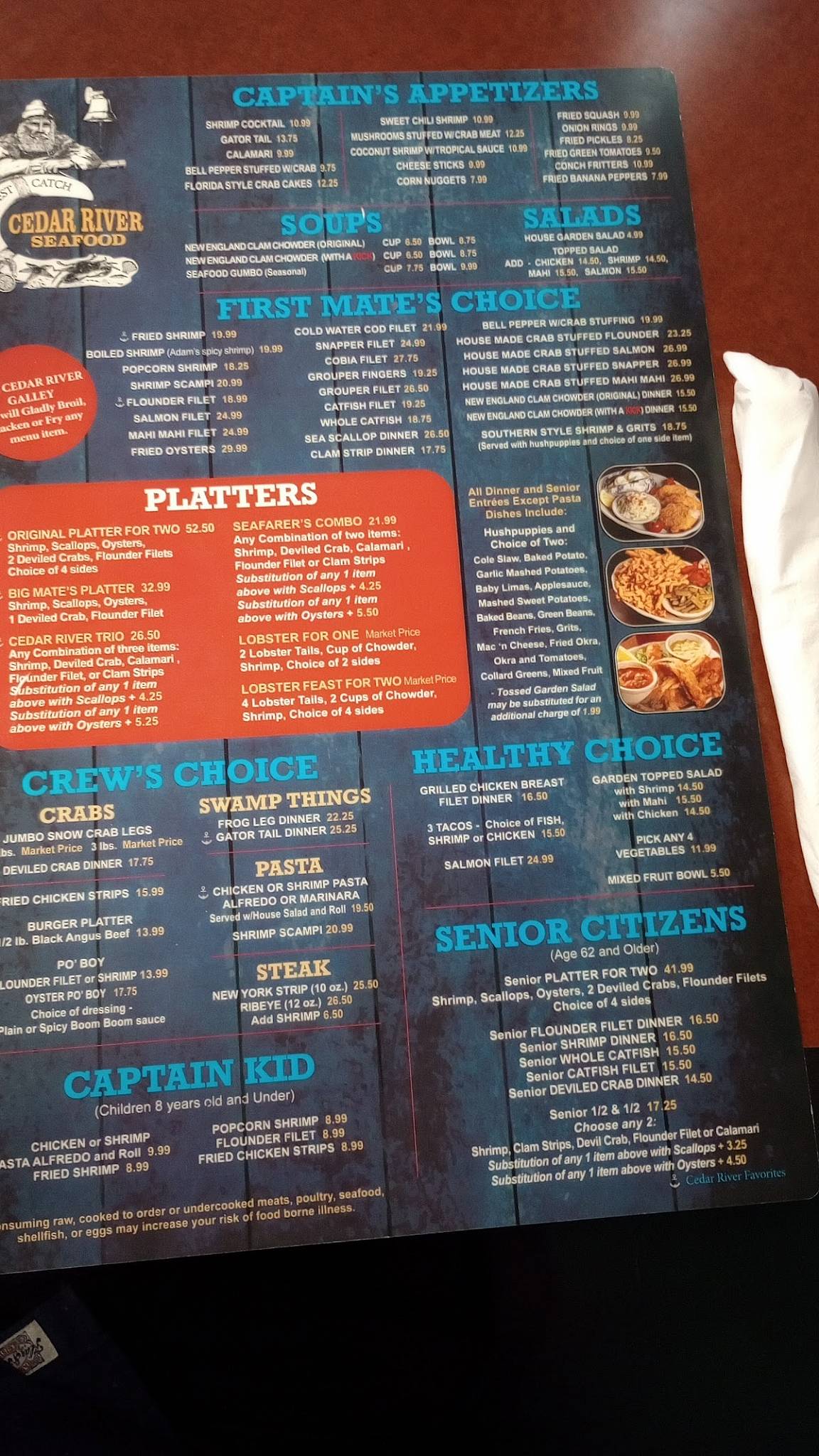 Menu at Cedar River Seafood restaurant, Callahan, US-1