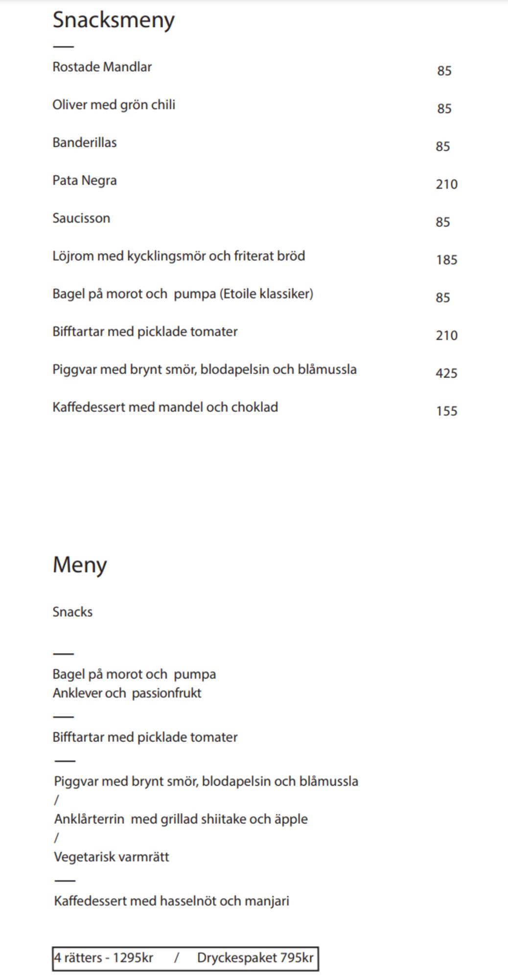 Menu at Celeste restaurant, Stockholm