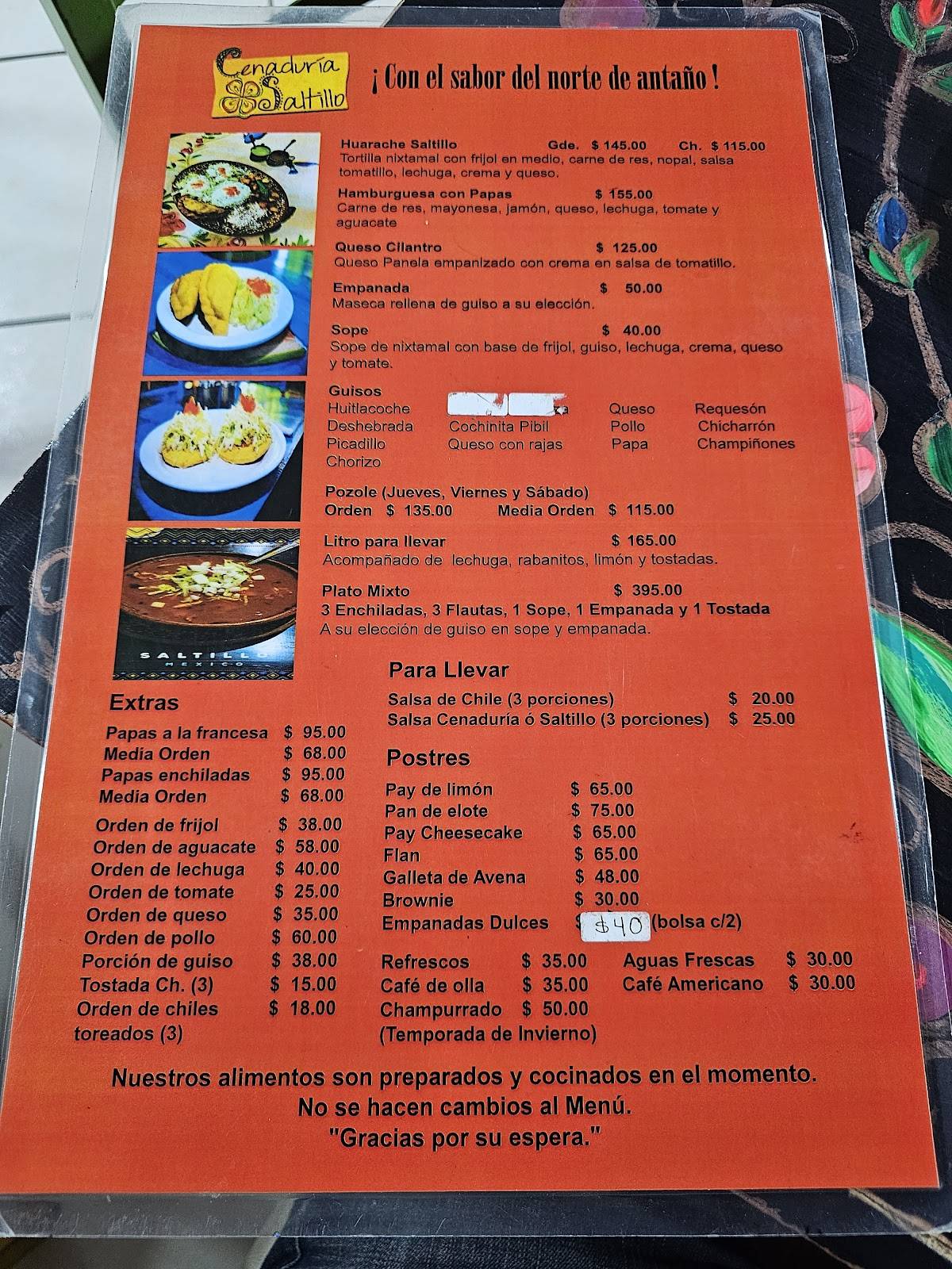 Carta del restaurante Cenaduría Saltillo, Saltillo
