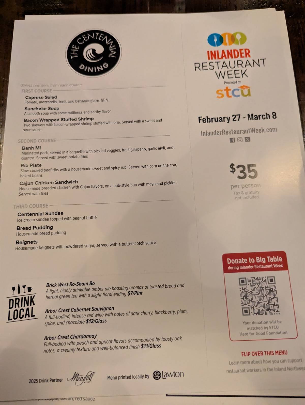 Menu at Centennial Restaurant & Bar, Spokane