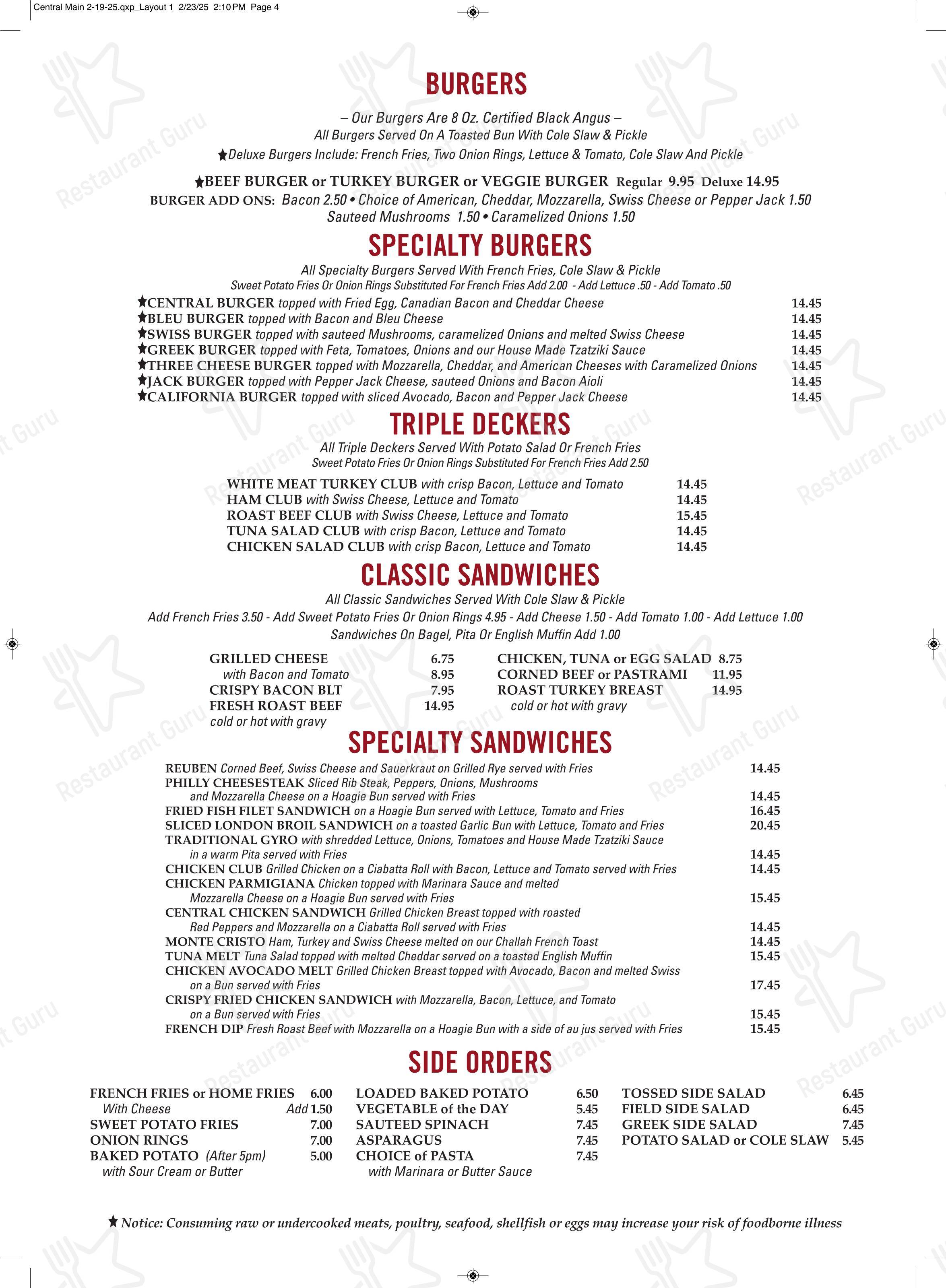 Menu at Central Diner & Grille restaurant, Pittsburgh