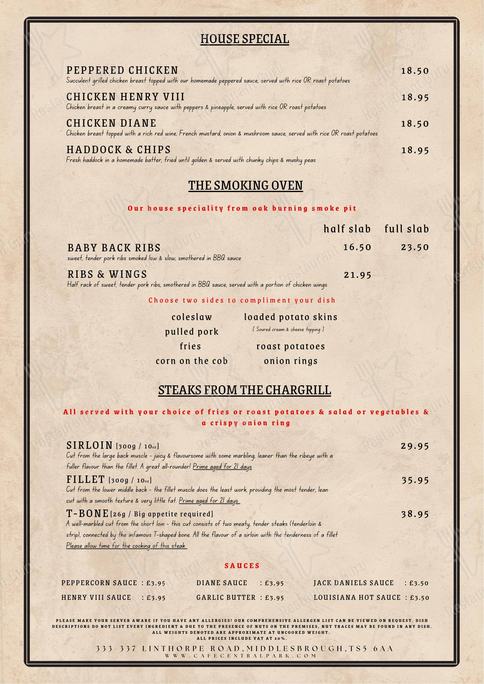 Menu at Central Park restaurant, Middlesbrough