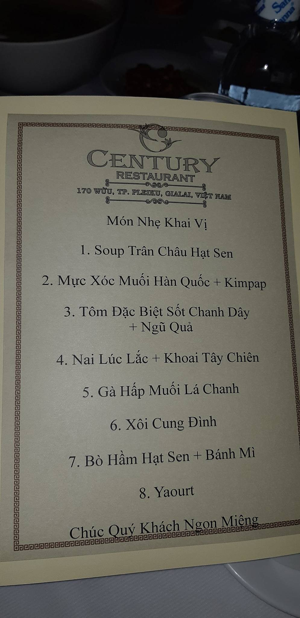 Menu at Century Restaurant, Pleiku
