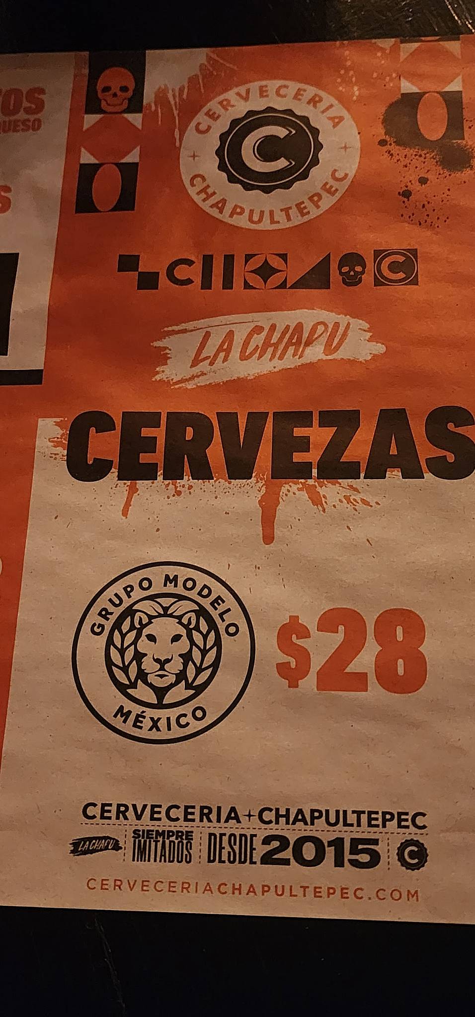 Menu at Cervecería Chapultepec Teziutlán restaurant, Teziutlán