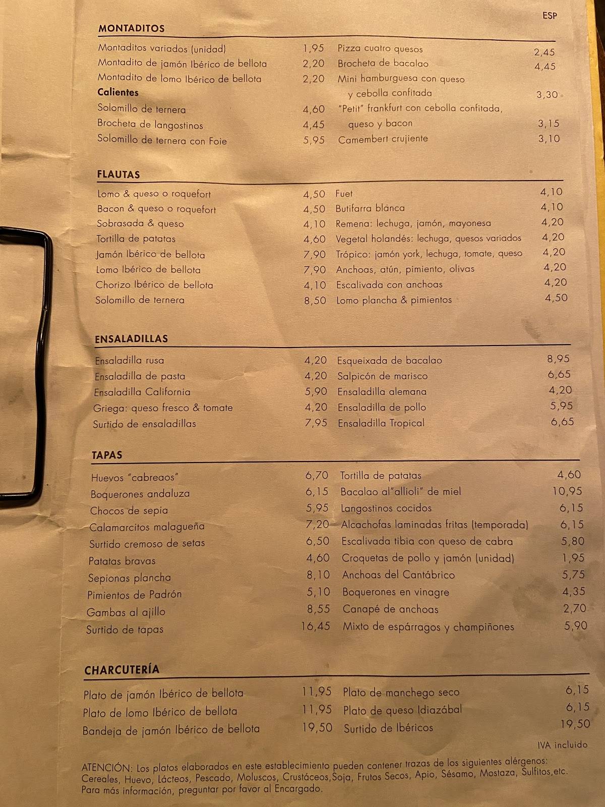 Menu at Cerveceria Catalana restaurant, Barcelona, C/ de Mallorca