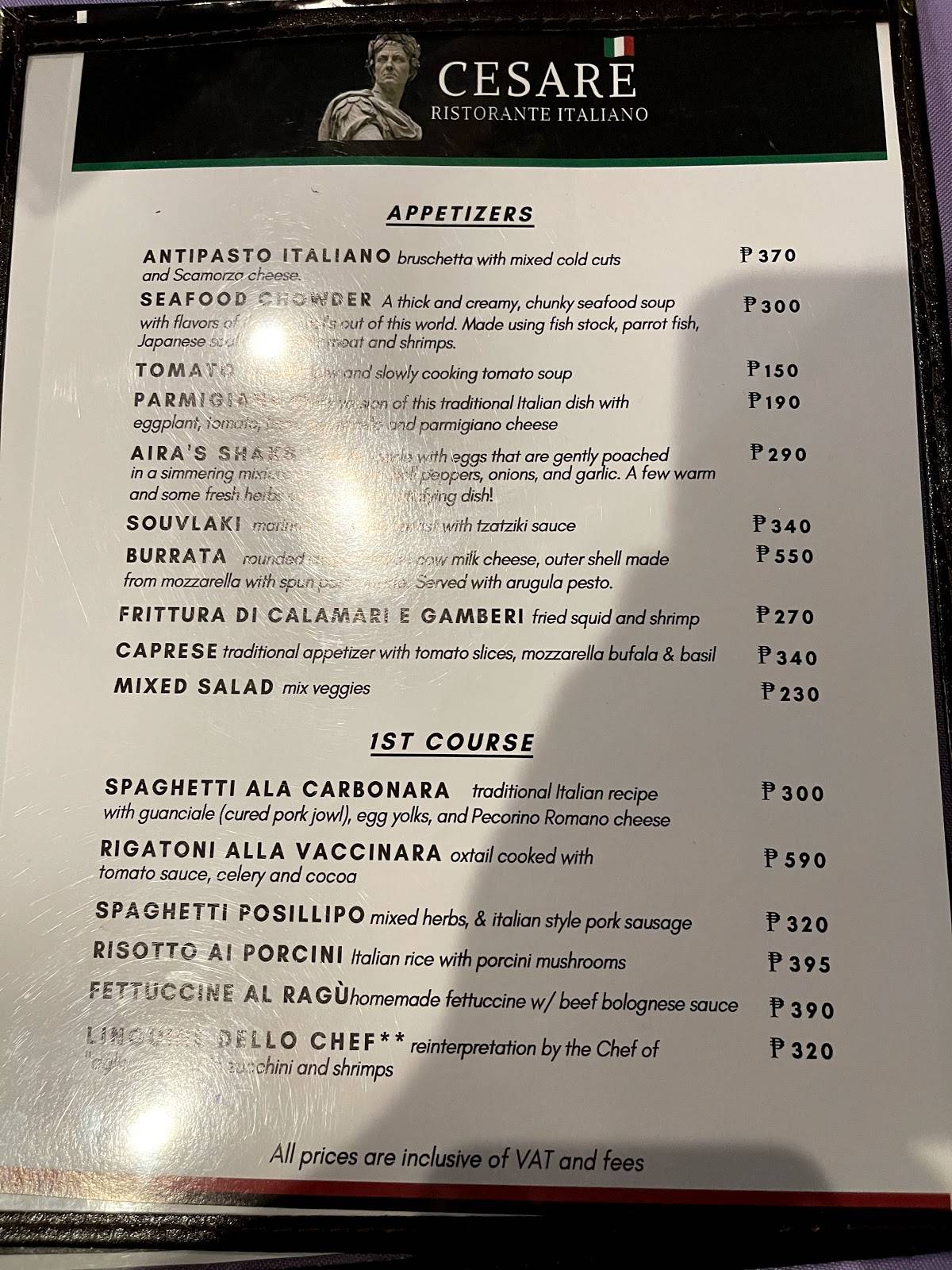 Carta del restaurante Il giardino di Luciano, Dávao