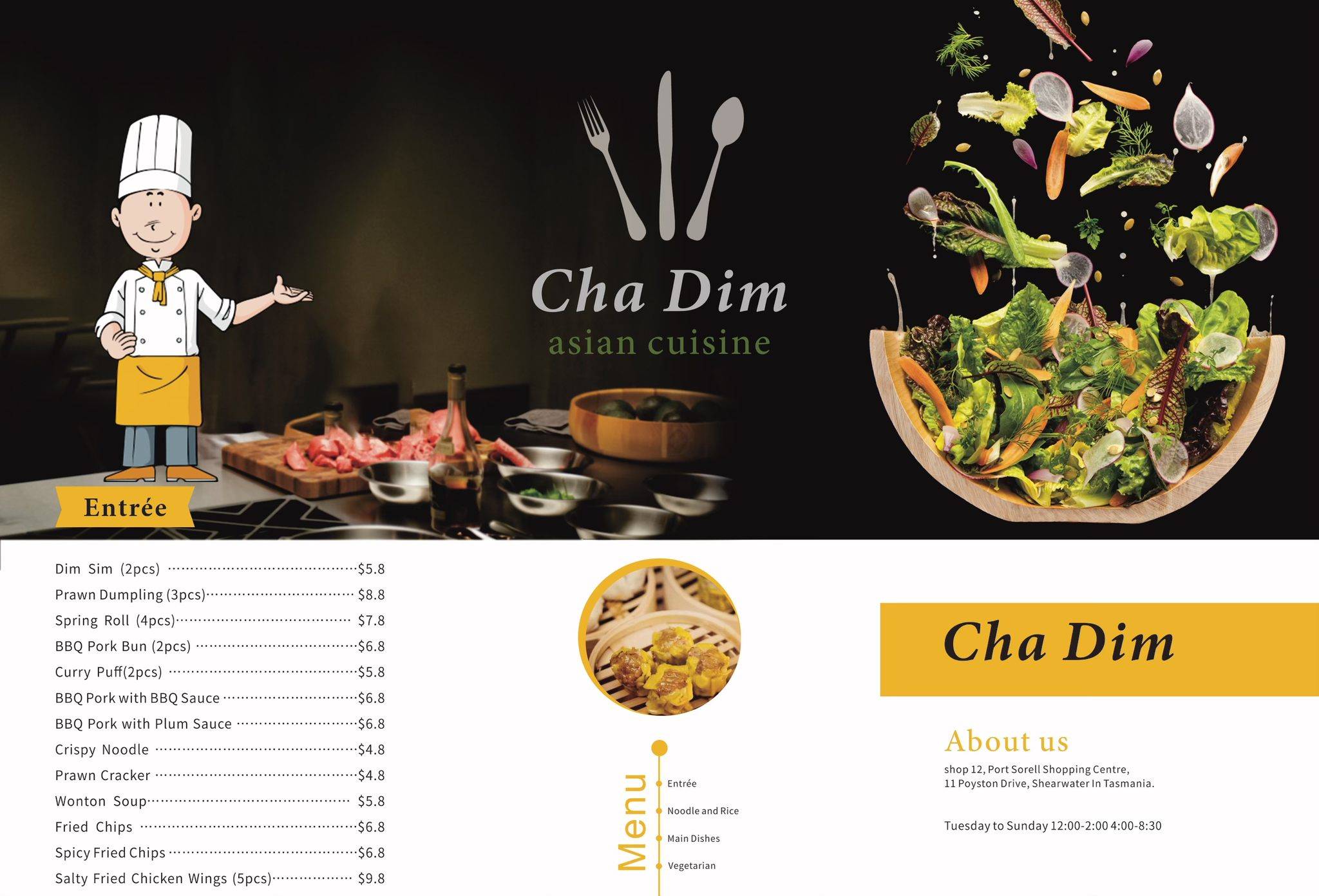 Menu at Cha Dim restaurant, Shearwater