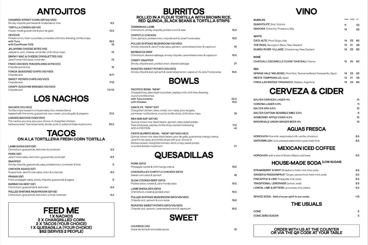 Menu at Fonda Mexican Chadstone restaurant, Malvern East, Dandenong Rd
