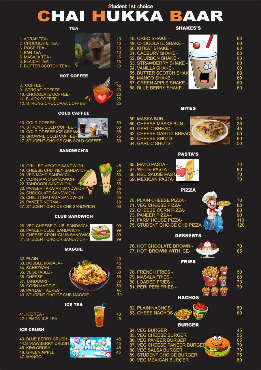 Menu at Chai Hukka Bar, Sagar, beside Dainik Bhaskar Singhai Building