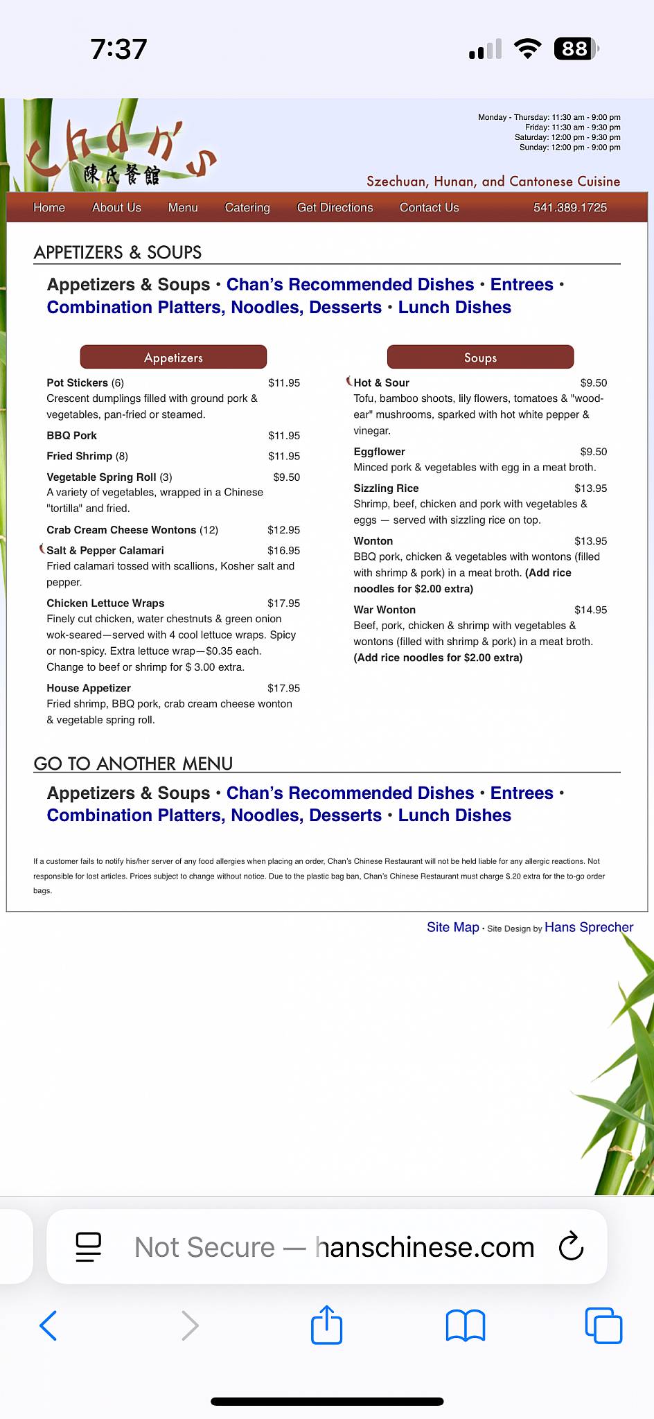 Menu at Chan's Of Bend restaurant, Bend
