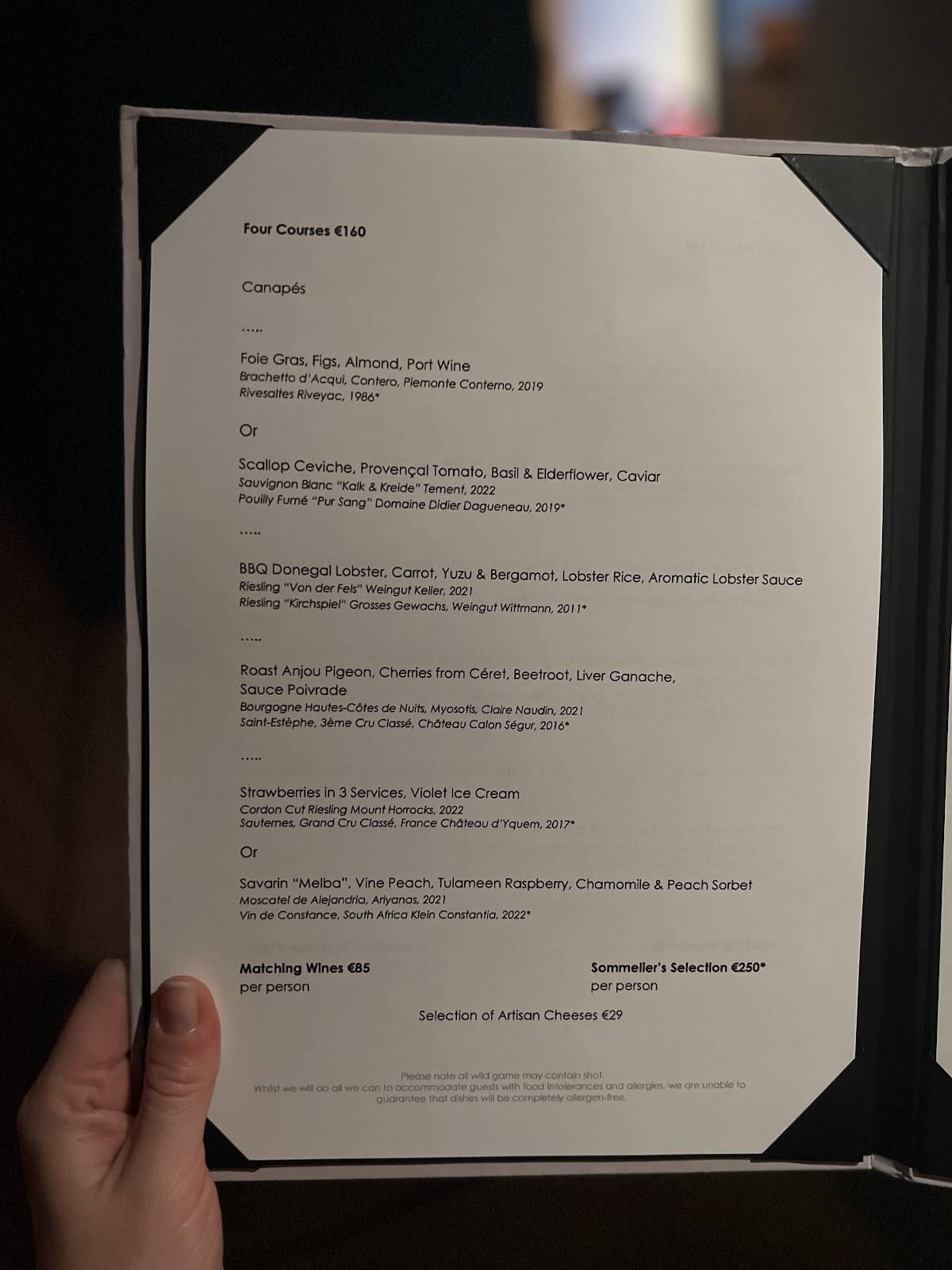 Menu at Chapter One Restaurant, Dublin