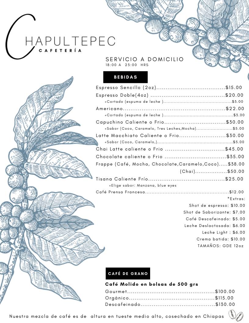 Menu at Chapultepec Cafetería, Puebla City