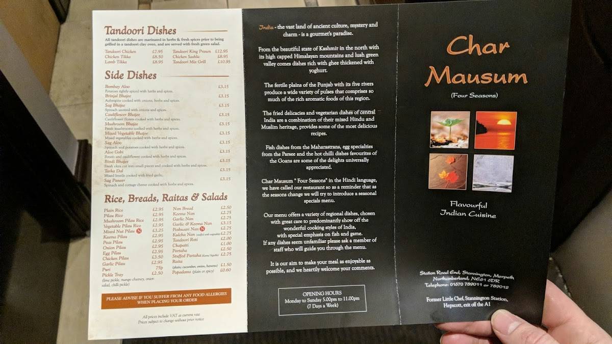 Menu at Char Mausum Indian Restaurant, Morpeth
