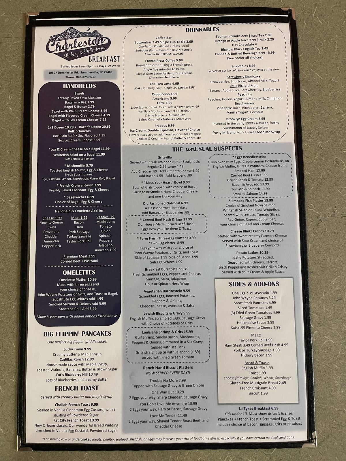 Menu at Charleston Bakery & Delicatessen, Summerville, Dorchester Rd