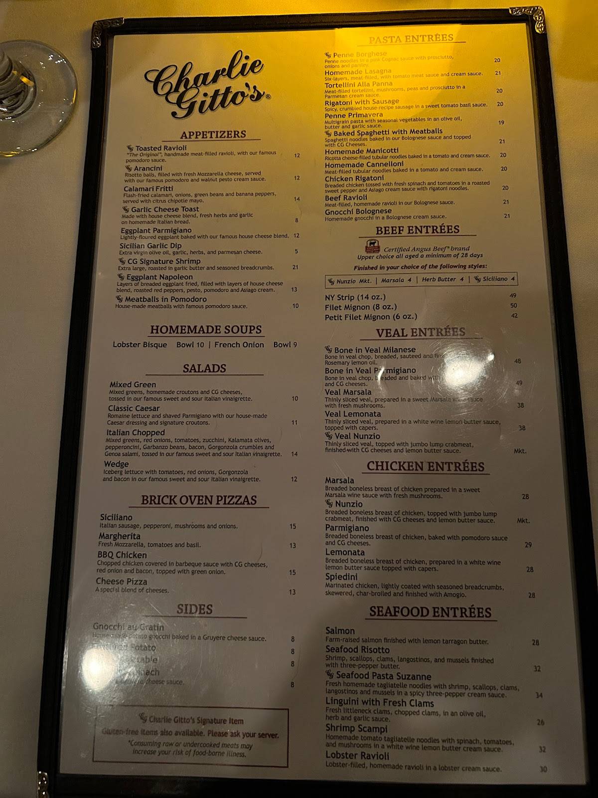 Menu at Charlie Gitto's On the Hill restaurant, St. Louis, Shaw Ave