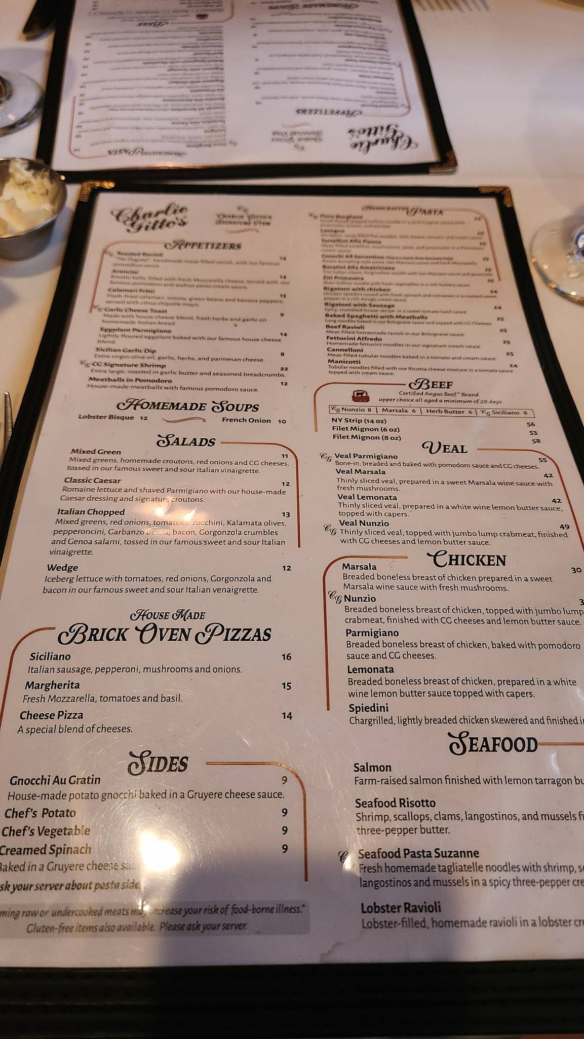 Menu at Charlie Gitto's On the Hill steakhouse, St. Louis, Shaw Ave