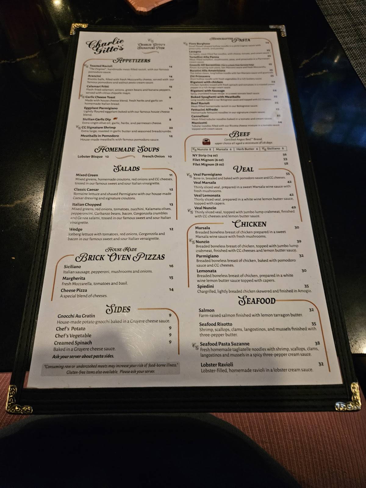 Menu at Charlie Gitto's On the Hill steakhouse, St. Louis, Shaw Ave