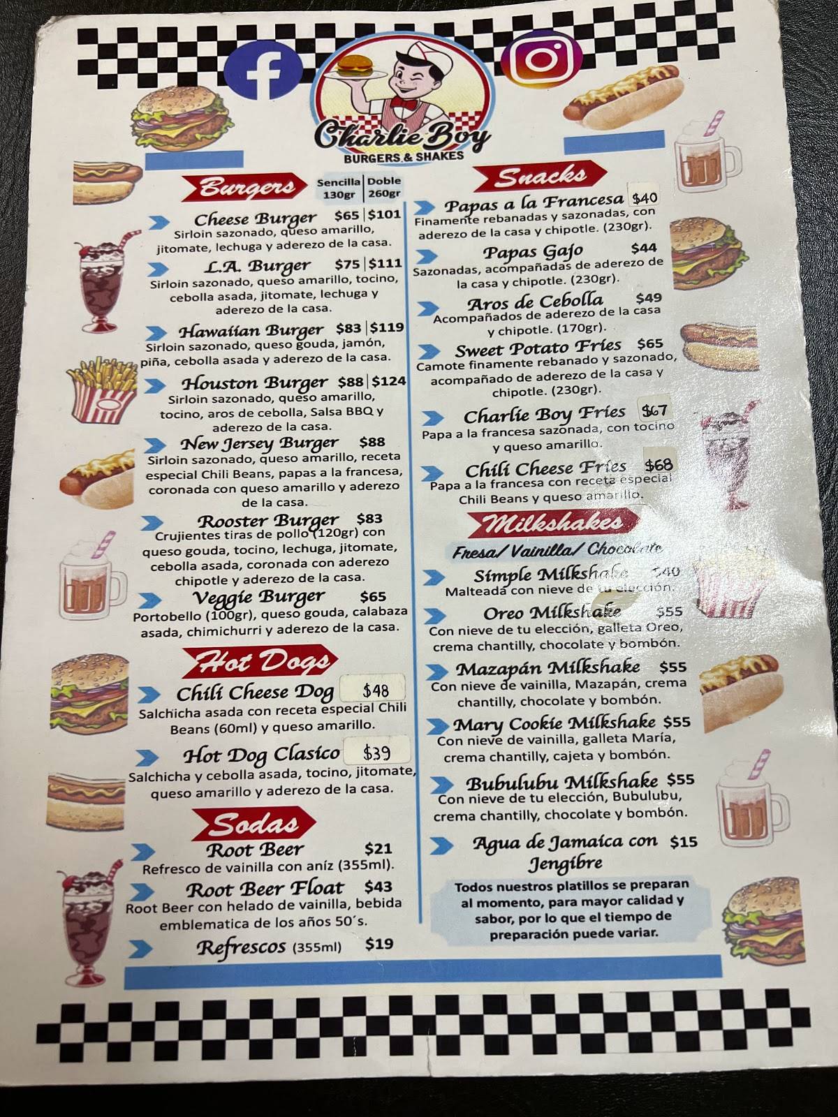 Carta del restaurante Charlie Boy Burgers & Shakes, Zapopan
