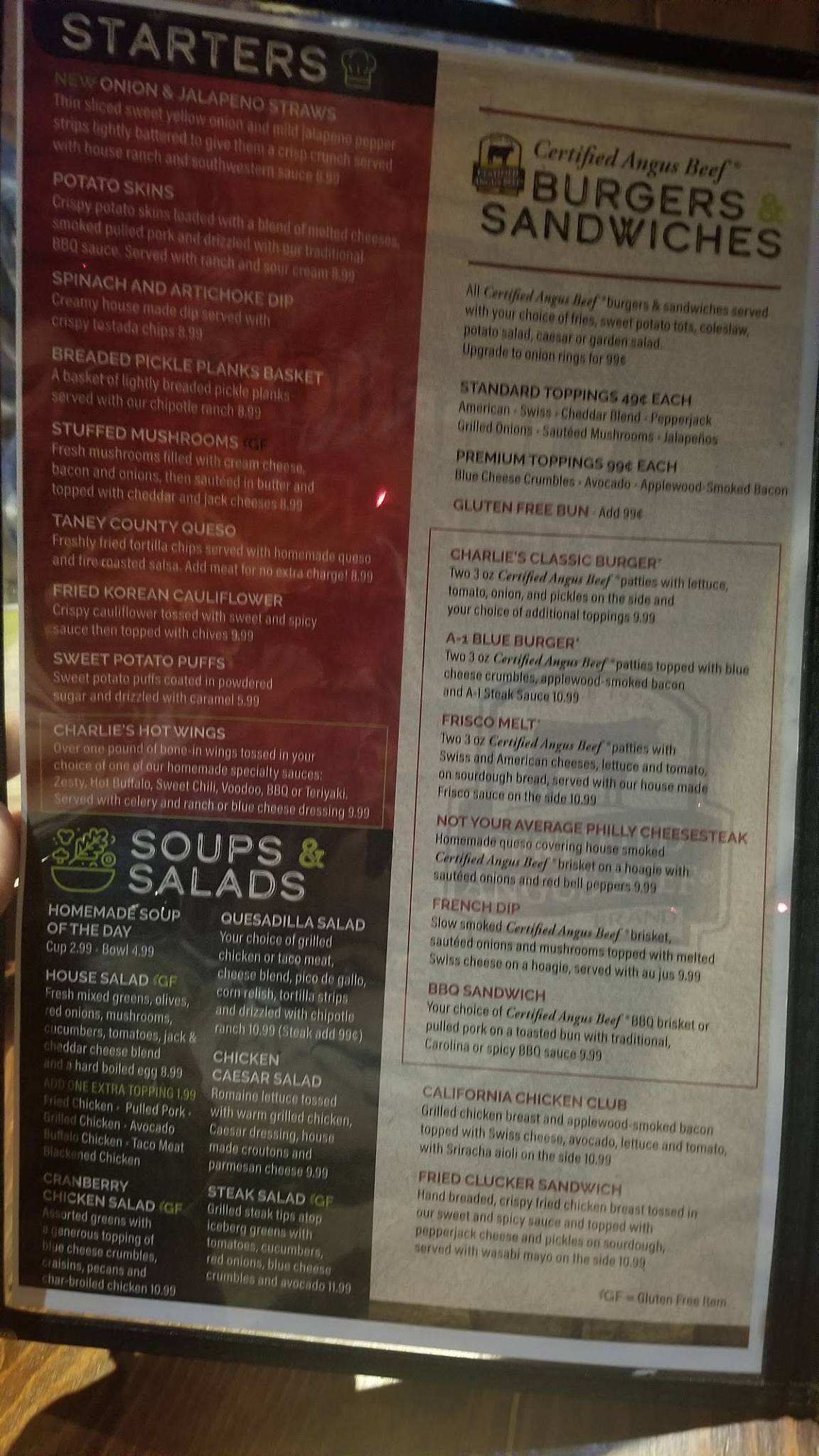 Menu at Charlie's Steak, Ribs & Ale steakhouse, Branson