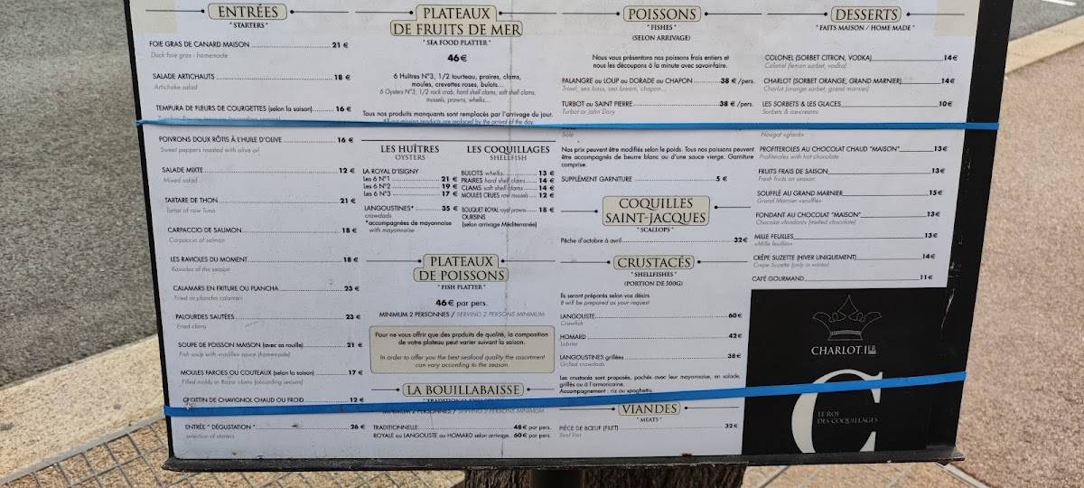 Menu au Charlot 1er restaurant, Cagnes-sur-Mer