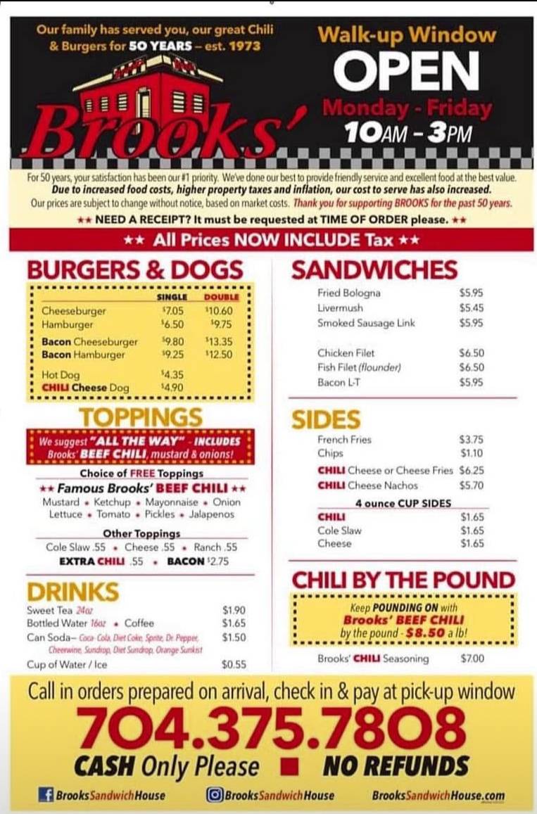 Menu at Brooks Sandwich House restaurant, Charlotte