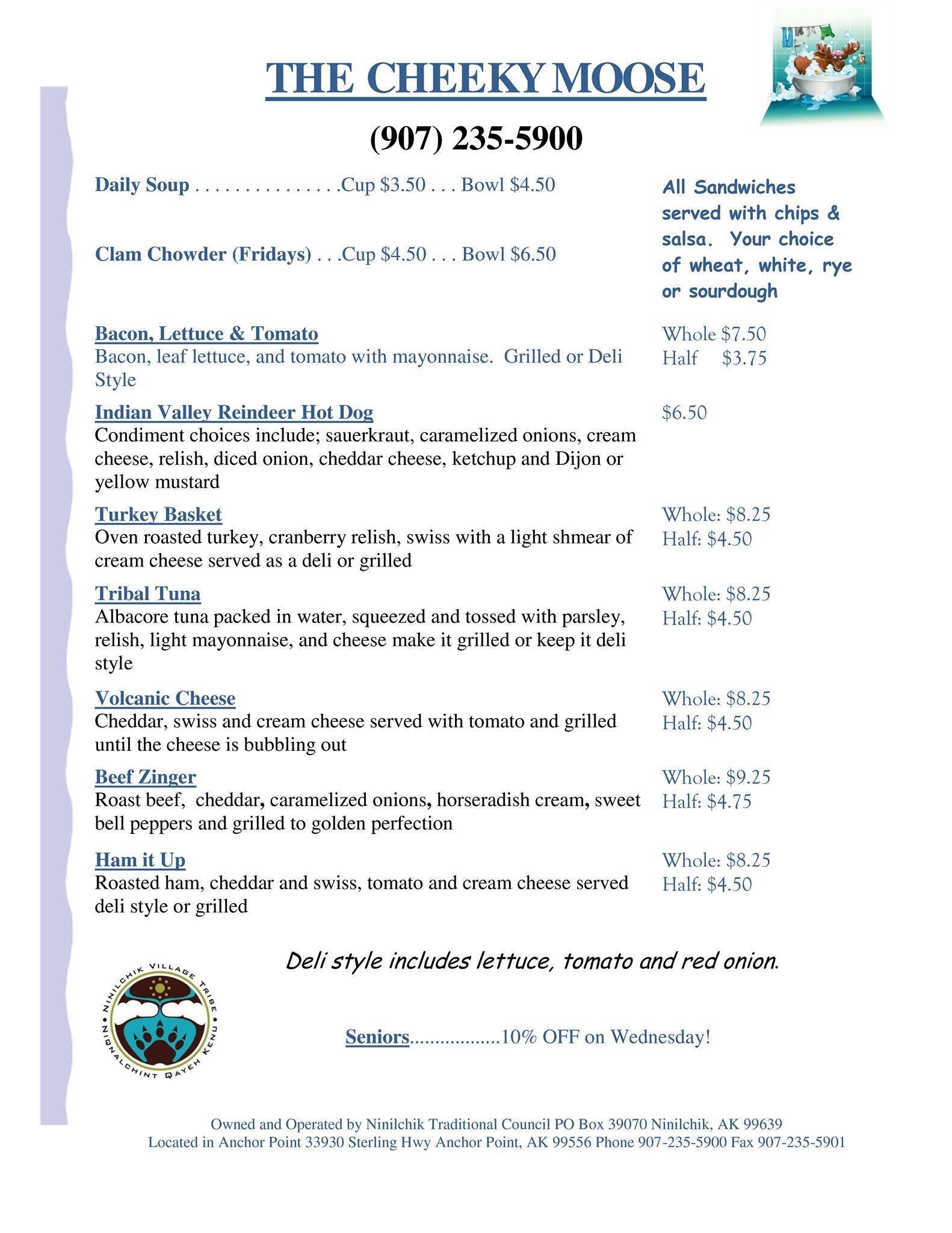 Menu at Cheeky Moose, Anchor Point