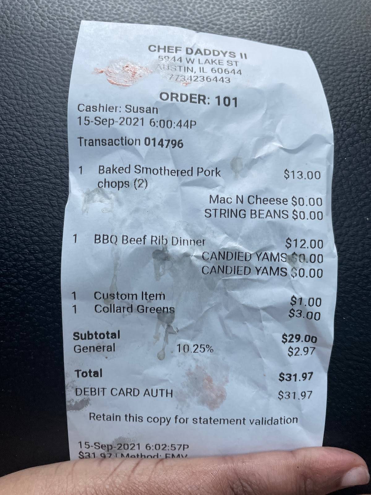 Menu at Chef Daddy's restaurant, Chicago