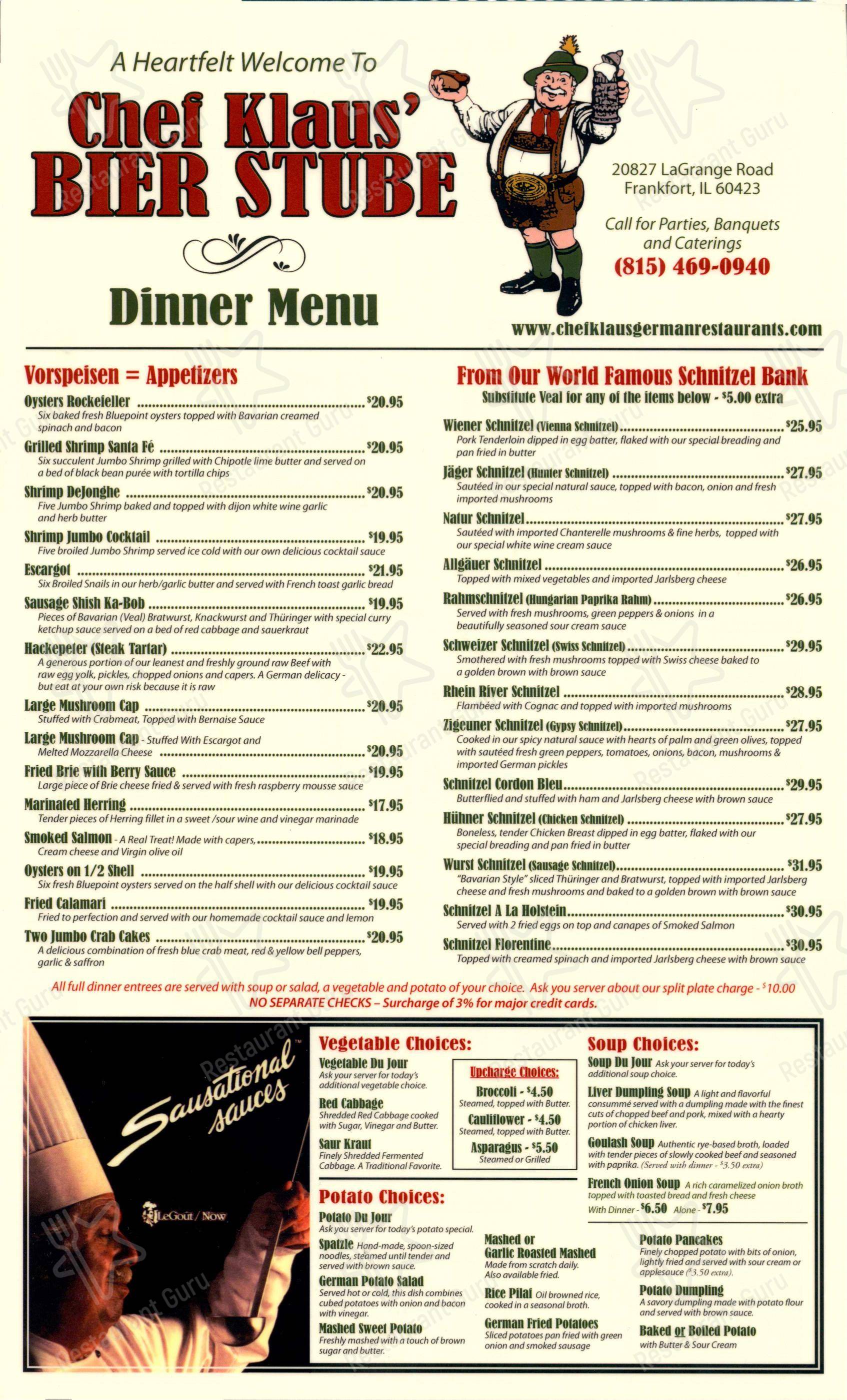 Menu at Chef Klaus' Bier Stube restaurant, Frankfort