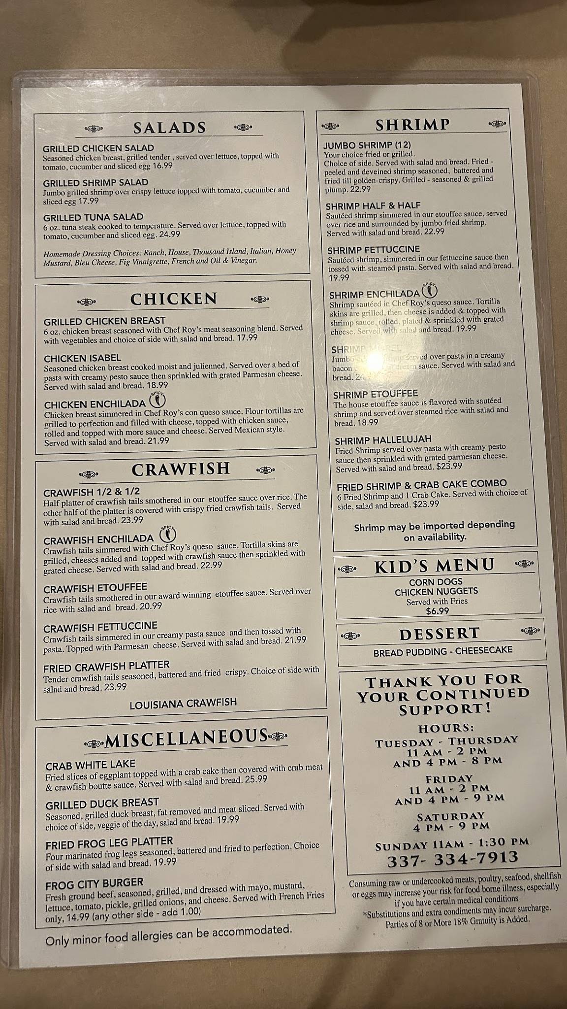 Carta de Chef Roy's Frog City Cafe, Rayne