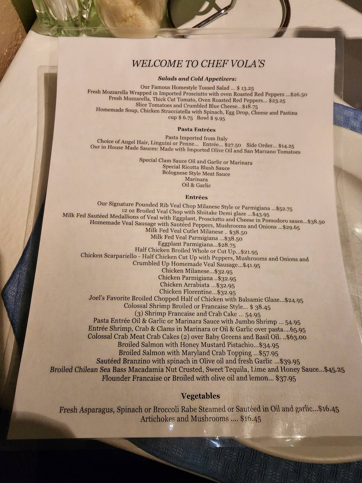 Menu at Chef Vola's restaurant, Atlantic City
