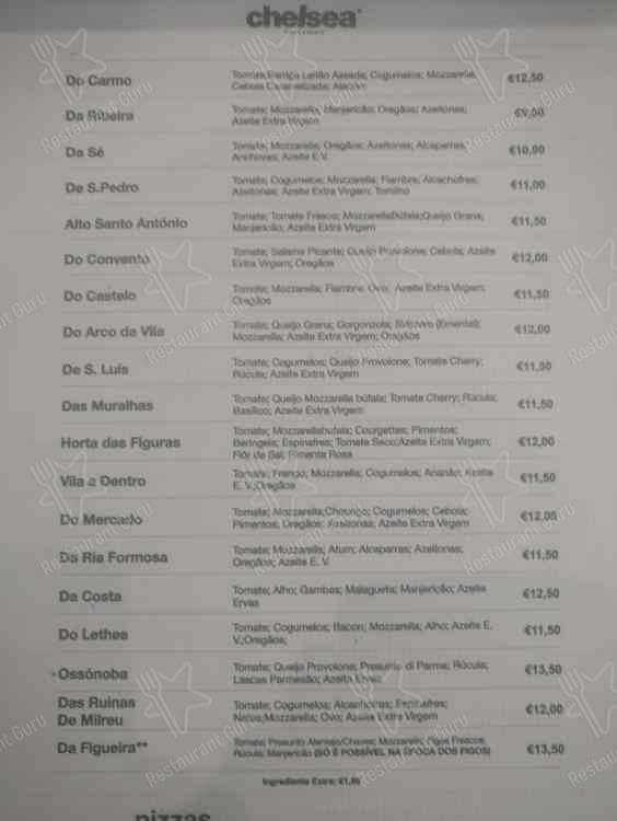 Menu at Chelsea Pizza & Pasta Restaurant, Faro, R. 1º de Dezembro 9