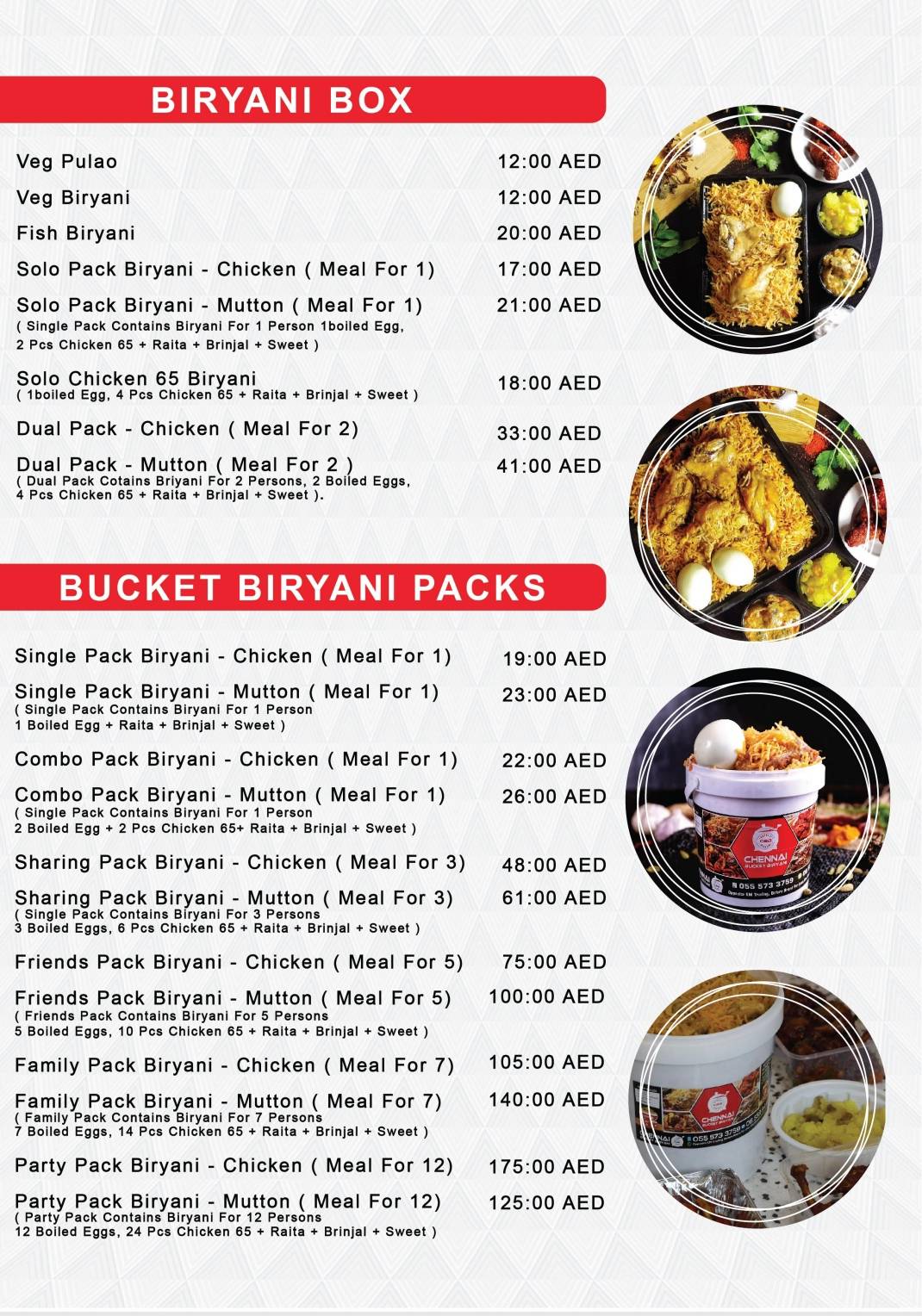 Menu at Chennai Bucket Biryani restaurant, UAE
