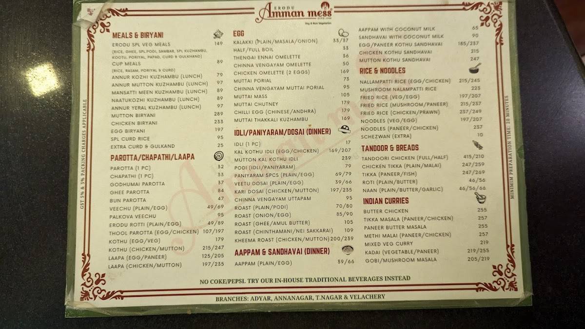 Menu at Erode Amman Mess (ஈரோடு அம்மன் மெஸ்), Chennai, W122