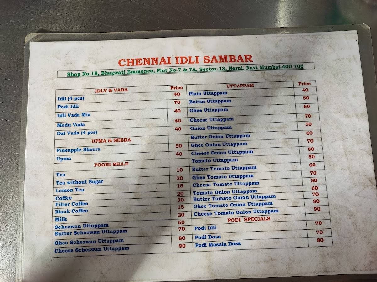 Menu at Chennai Idli Sambar, Navi Mumbai