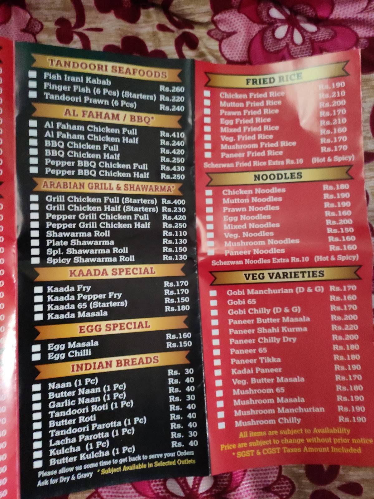 Menu at SS Hyderabad Biryani Saidapet, Chennai