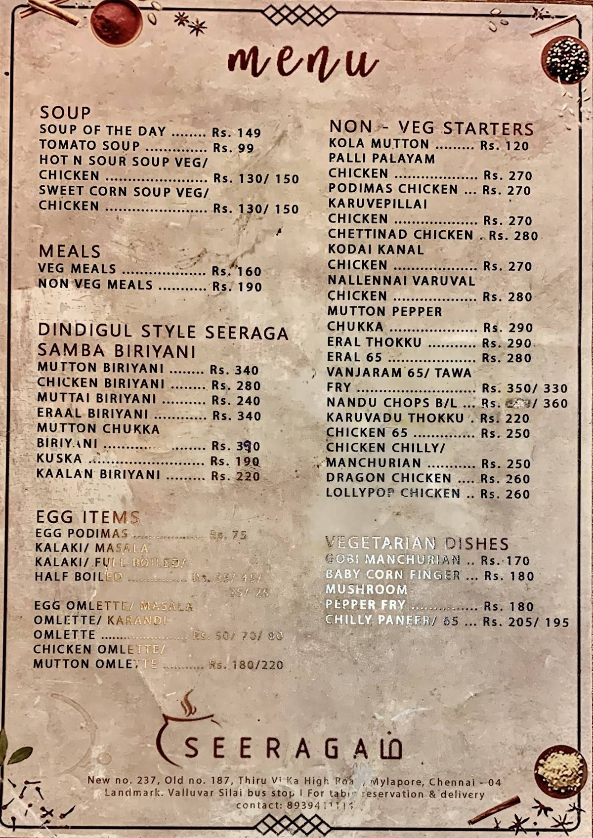 Menu at Seeragam, Chennai