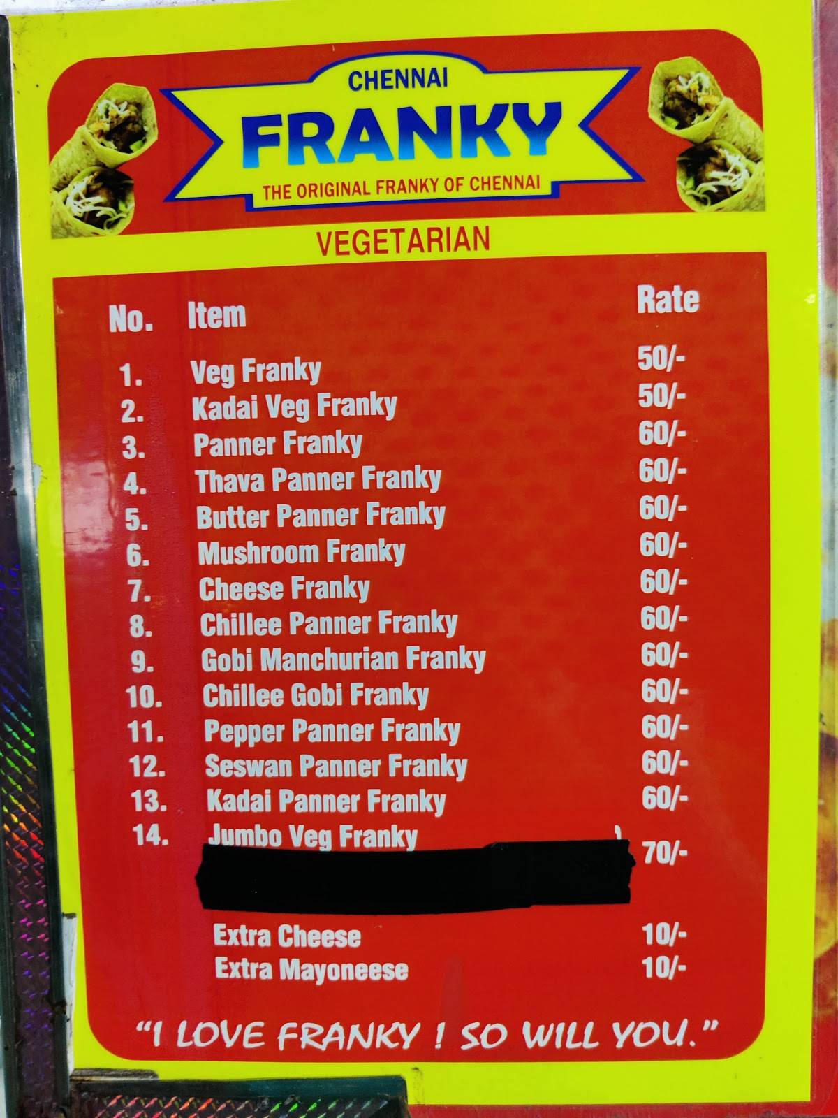 Menu at Chennai franky stall, Chennai