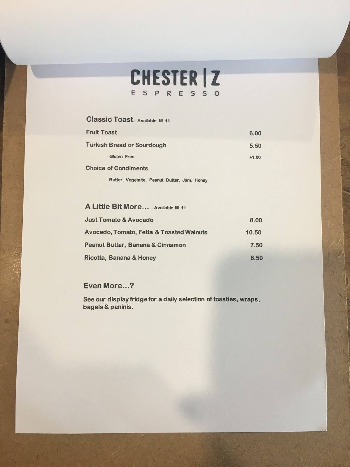 Menu at Chester Z, Joondalup
