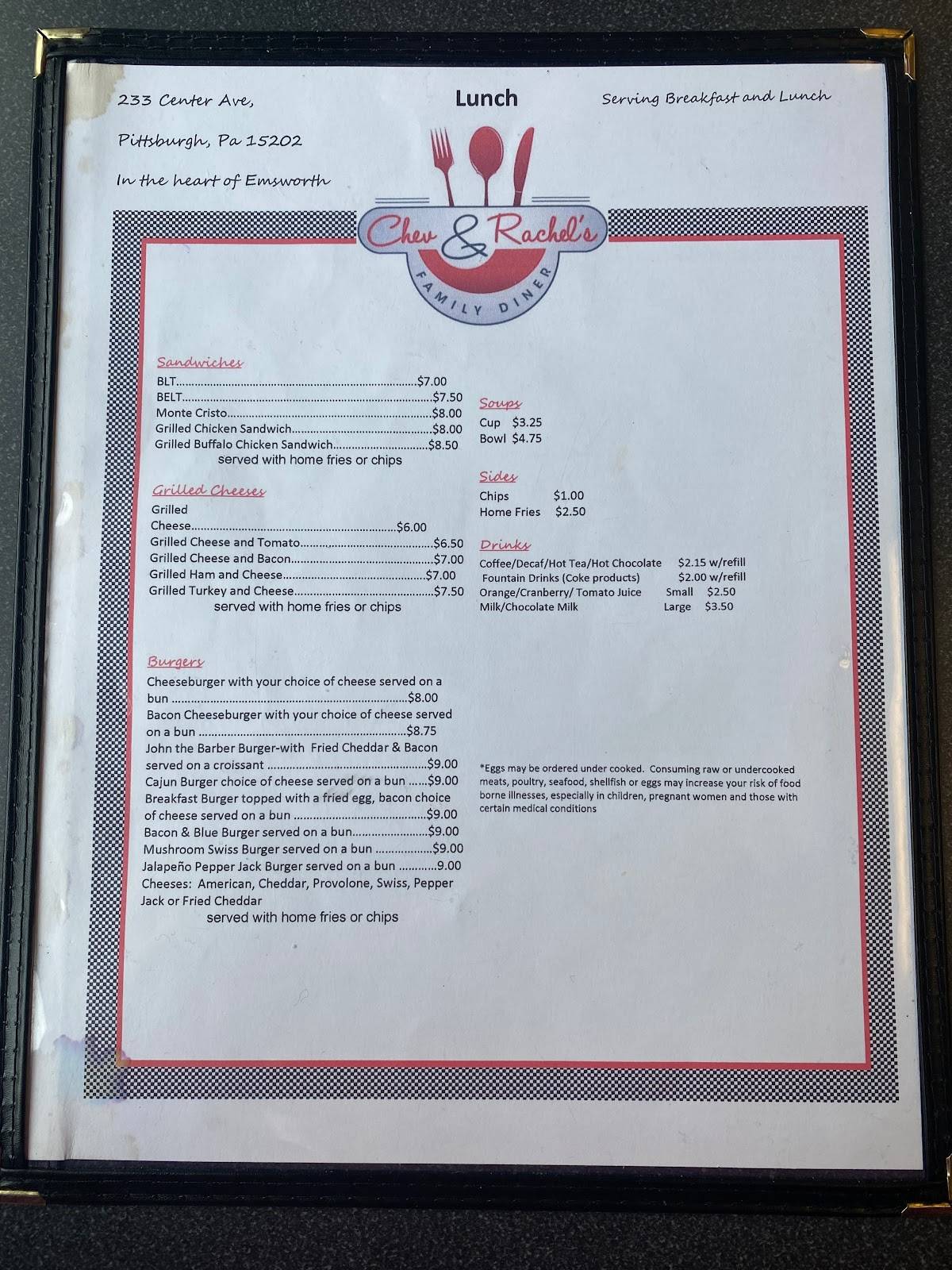 Menu at Chev & Rachel's Family Diner restaurant, Emsworth
